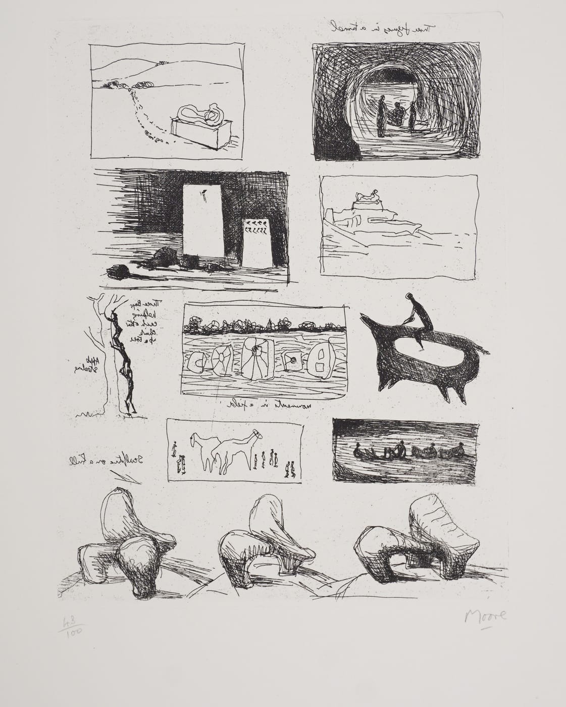 Ideas for sculpture in a landscape by Henry Moore - Etching, 1969